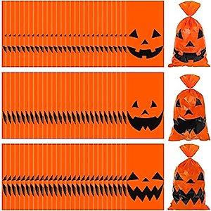 Outus 150 Pieces Halloween Trick or Treat Plastic Candy Bags Jack-O-Lantern Pumpkin Bags Goody Tote Bag Party Favor Bags with Handles Party Favors(Orange with Black Accents)