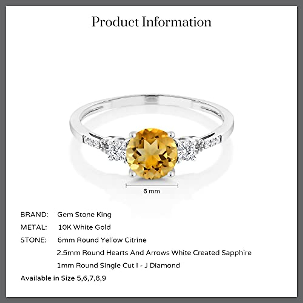 Gem Stone King 10K White Gold 6MM Round Gemstone Birthstone White Created Sapphire & White Diamond Accent 3-Stone Engagement Ring | Three-Stone Wedding Anniversary Promise Ring For Women