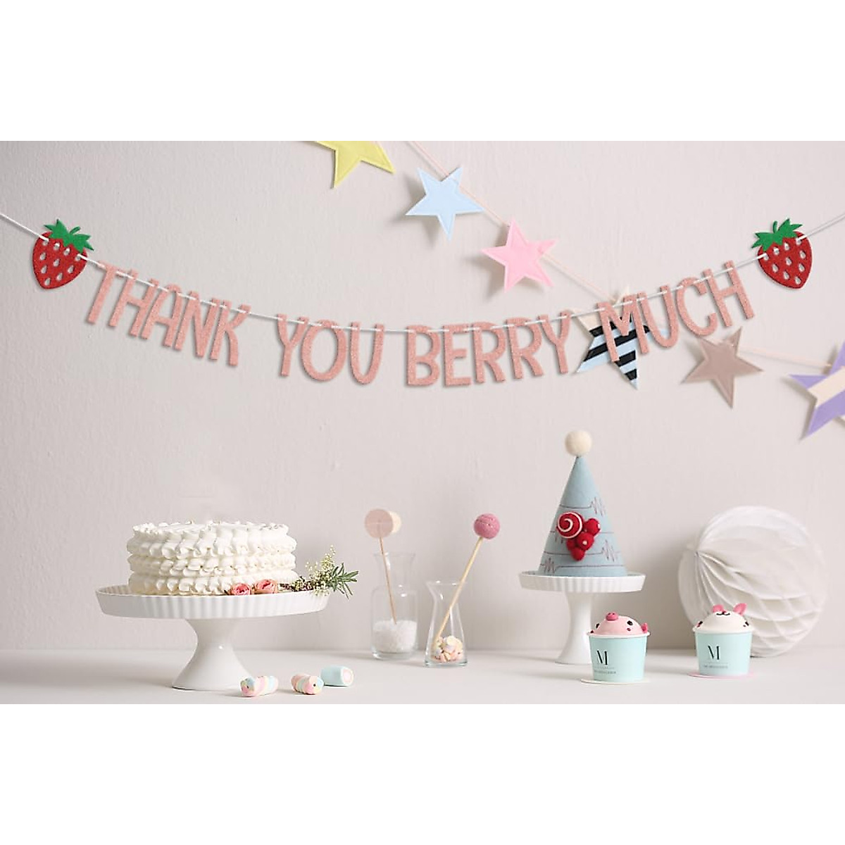 Thank You Berry Much Banner, Strawberry Themed Bachelorette Wedding Bridal Shower Party Decorations, Thanksgiving Day Decoration, Fruit Birthday Baby Shower Party Supplies Rose Gold Red