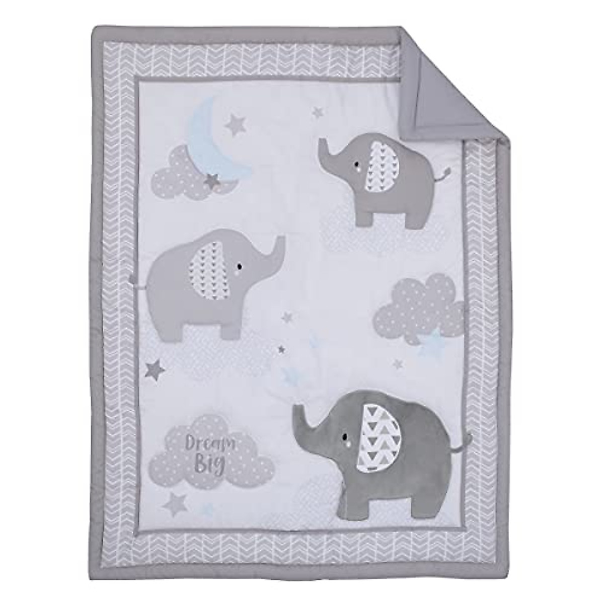 NoJo Little Love Elephant Stroll Dream Big Clouds and Stars with Chevron Border 3 Piece Nursery Crib Bedding Set - Comforter, Fitted Crib Sheet, and Crib Skirt