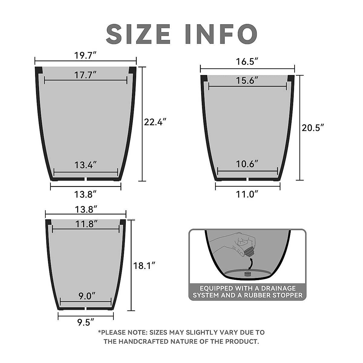 Kante 18.1",20.5",22.4" H Tall Round Concrete Planters Set of 3, Outdoor Indoor Modern Decorative Plant Pots with Drainage Hole & Rubber Plug for Home & Garden Weathered Concrete