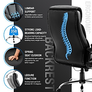 Big and Tall 350lbs Office Chair - Adjustable Lumbar Support, Cushion with Spring High Back Executive Desk Chairs Ergonomic Design for Back Pain (Black)