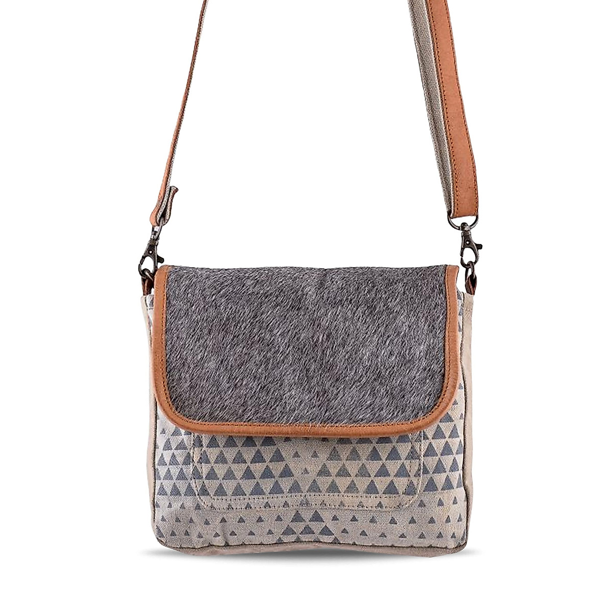 SIXTEASE Crossbody Bag for Women Vintage Style Genuine Leather, Upcycled Canvas, Rug, or Hair On - Cross Body Womens Bags with Inside Zipper Pockets - Triangular Fusion