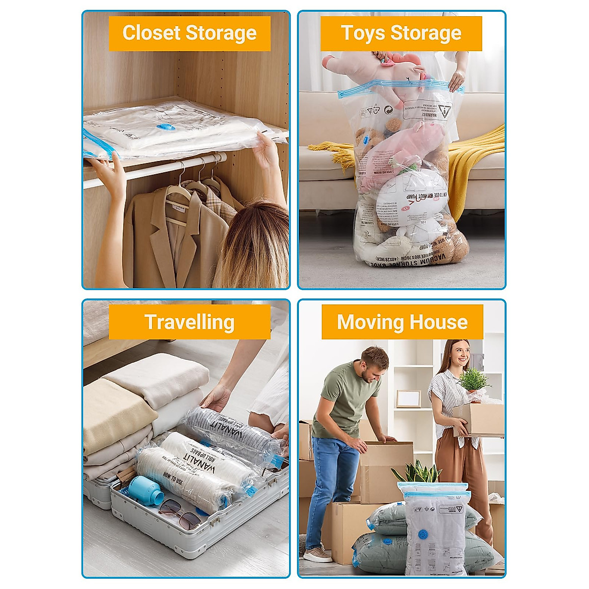 Vacuum Storage Bags with Electric Air Pump, 15 Pack (3 Jumbo, 3 Large, 3 Medium, 3 Small, 3 Roll Up Bags) Space Saver Bag, Vacuum Sealer Bags for Clothes, Blanket, Duvets, Pillows, Comforters, Travel