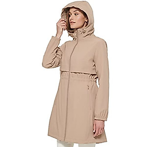 Calvin Klein Women's Water Resistant Adjustable Waist Hooded Back Logo Detail Anorak, Khaki Medium