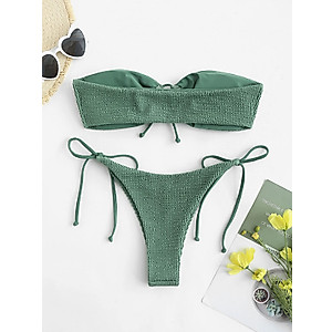 ZAFUL O Ring Bandeau Bikini Sets for Women Sexy Strapless Swimsuits 2 Piece High Cut Bathing Suit Side Tie Light Green M