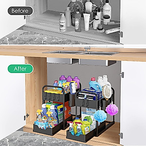 2 Tier Under Sink Organizers and Storage, 2 Pack Sliding Under Bathroom Cabinet Storage Drawer Organizer with Storage Drawer with 8 Hooks and 2 Hanging Cups, Multi-purpose Under Sink Organizer, Black