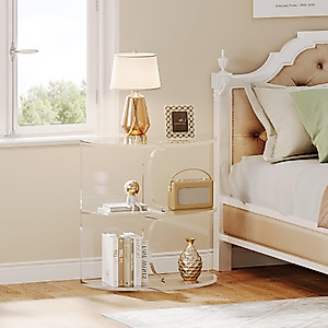 Tribesigns Clear Acrylic End Table, No Assembly Half Round Side Table with Storage, Modern 3-Tier Acrylic Nightstand for Bedroom, Living Room, Small Spaces