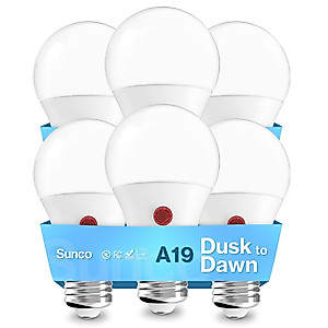 Sunco Lighting 6 Pack A19 LED Bulb with Dusk-to-Dawn, 9W=60W 3000K Warm White Auto On/Off Photocell Sensor - UL