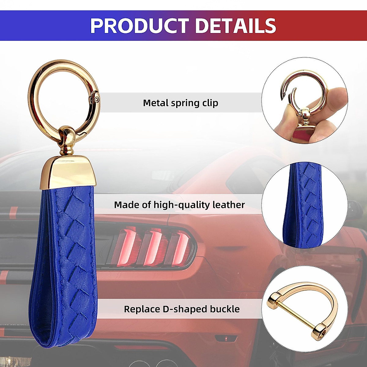 NTNEV Genuine Leather Car Keychain, Universal Car Key FOB Keychain, handmade knitted car key chain, 360 Degree Rotating with Anti-Lost D-Ring, 2 Key Rings and 1 Screwdriver, Unisex-Blue