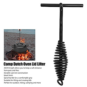 Dutch Oven Lid Lifter, 26cm Cast Iron Black Camp Dutch Oven Lid Lifter with Spiral Bail Handle Hot Lids Lifter for Lifting and Carrying Dutch Ovens Lid