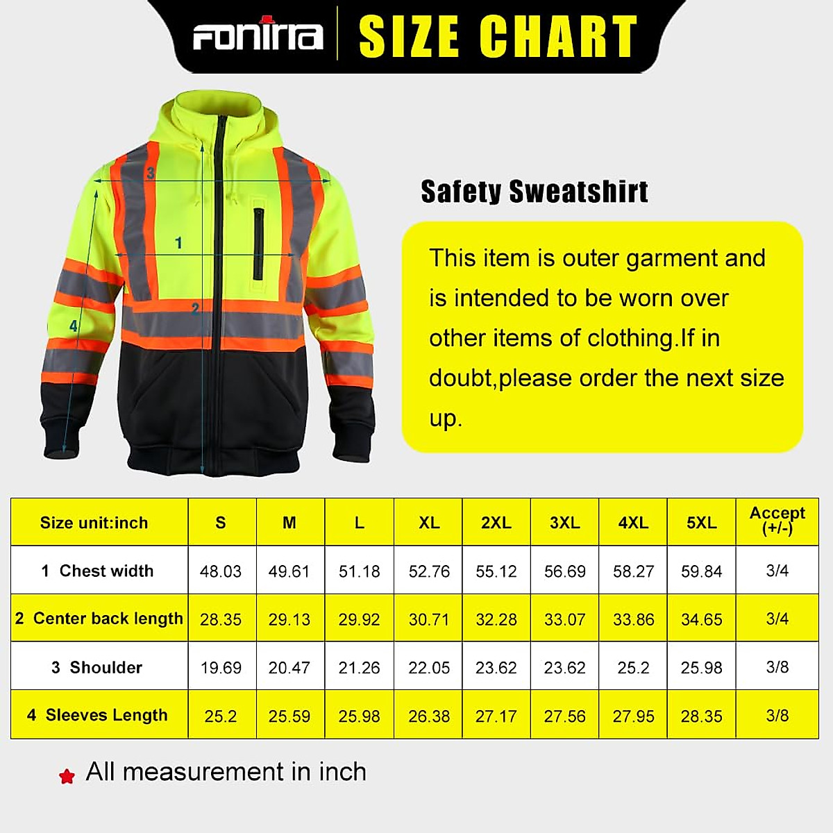 FONIRRA Hi Vis Safety Fleece Zip Hoodie for Men Reflective Sweatshirts ANSI Class 3 Jackets Detachable Hood (Yellow,L)