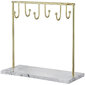 MyGift Countertop Modern Brass Metal Coffee Mug Holder Rack Stand with Marble Base and 6 Hooks, Decorative Tea Cup Storage Display Rack