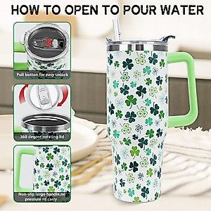 Nqhsionv St Patricks Day Tumbler with Handle 40 oz Green Lucky Shamrock Coffee Travel Mug Stainless Steel Insulated Cup Irish Saint Patricks Decor Gifts