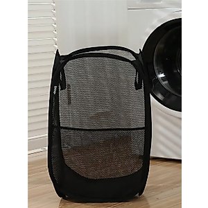 Clasoul pop up hamper with a handle, portable foldable laundry basket. The mesh laundry basket is breathable and moisture-proof, and the large capacity pop up laundry is suitable for home（black）