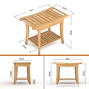 Zhuoyue Bamboo Spa Bath Shower Stool & Bench with Storage Shelf, Shower Bath Seats for Adults Seniors Women Elderly Tileable