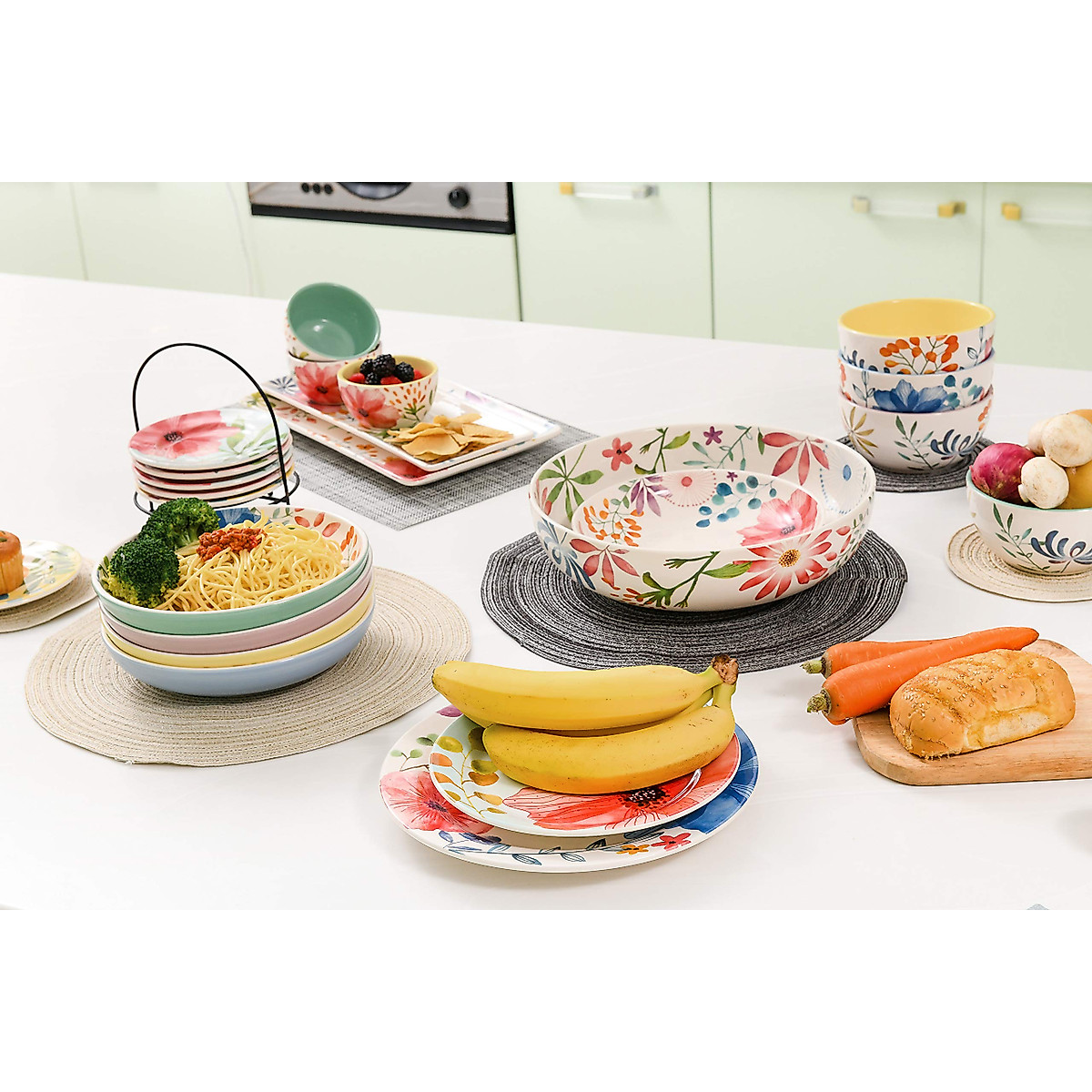 Bico Flower Carnival Ceramic Bowls Set of 4, 26oz, for Pasta, Salad, Cereal, Soup & Microwave & Dishwasher Safe