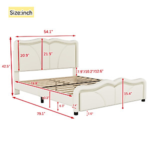 Full Size PU Upholstered Platform Bed,Bed Frame with LED Lights,Bedstead with Adjustable Headboard Height,Suitable for Kids Teenagers, Boys, Girls No Box Spring Needed, Easy Assembly (White, Full)