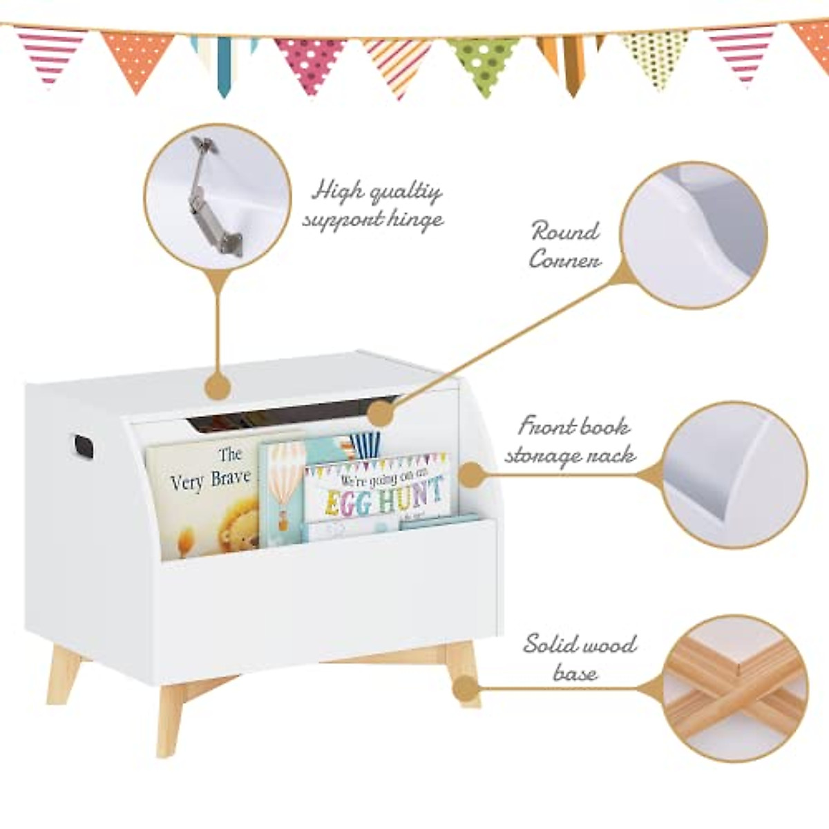 UTEX Children Toy Box with Front Book Storage Area, Kids Toy Storage Bench, White