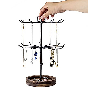 MyGift 2 Tier Black Metal Rotating Necklace and Bracelet Organizer Jewelry Stand with 24 Hooks and Burnt Wood Ring Tray, Accessory and Keychain Spinning Display Rack with Top Handle Card Holder