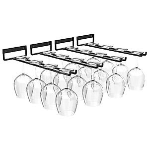 Set of 4 Stemware Wine Glass Hanging Rack, Metal Wine Glass Holder Under Cabinet Organization and Storage for Kitchen Bar Decor