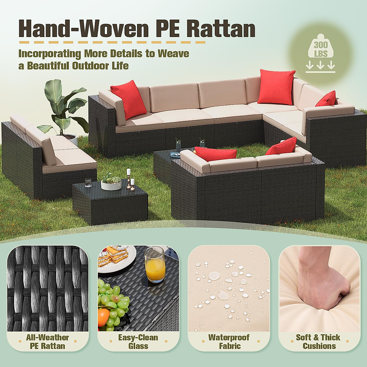 Greesum Patio Furniture Sets 12-Pieces Outdoor PE Rattan Sectional Sofa with Thickened Cushions and Glass Coffee Table, Beige