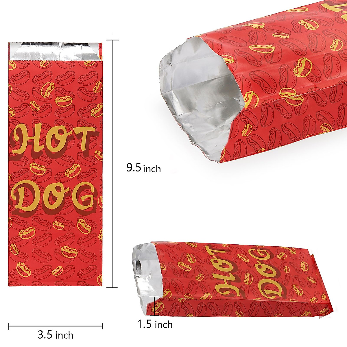Yarlung 200 Pack Hot Dog Bags Grease-proof Food Wrapper, Warming Aluminum Foil Wrap Paper Sleeves Retain Heat for Popcorn, Sausages, Snack Bars, Food Trucks, Carnival, 9.5x3.5x1.5 Inches