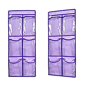 ANIZER Over The Door Hanging Shoe Organizer Narrow Closet Door Shoe Storage 6 Large Clear Pockets Chart 2 Pack (PURPLE)