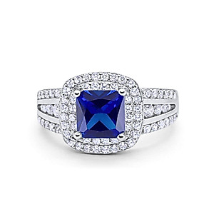 Halo Art Deco Wedding Engagement Ring Princess Cut Round Simulated Blue Sapphire Cubic Zirconia 925 Sterling Silver Size-10