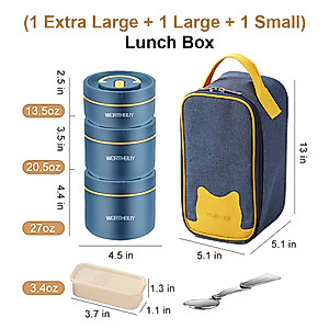VANDHOME Portable Insulated Lunch Box Set, Microwave Safe Thermal Bento Lunch Container For Adults Kids, 18/8 Stainless Steel Keep Warm Food Container With Bag & Sauce Box (Blue 3Pcs 60oz)