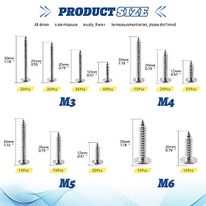 Glarks 250Pcs M3 M4 M5 M6 Metric 304 Stainless Steel Phillips Truss Head Sheet Metal Tek Screws Assortment Kit, 12 Sizes 12-30mm Pan Head Self Tapping Wood Screws Set
