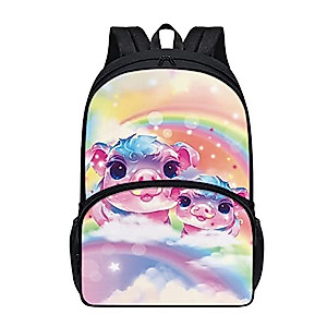 Allcute Kids Personalized Bookbag Fancy Cloud Rainbow Pig Print Backpack for School Student Adjustable Straps Girls Boys Padded Casual Backpack with Front Pocket Teens Daypack