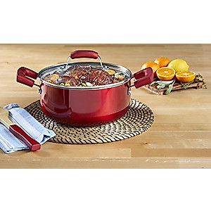 IMUSA USA 4.9Qt Ruby Red Nonstick Dutch Oven with Glass Lid and Soft Touch Handles, 5 Quarts