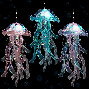 Rossesay 3 Pcs Jellyfish Lamp Colorful Jelly Fish Light Lamp Hanging Jellyfish Decorations LED Jellyfish Lantern for Birthday Under Sea Mermaid Wedding Baby Shower Ocean Theme Ceiling Bedroom Decor