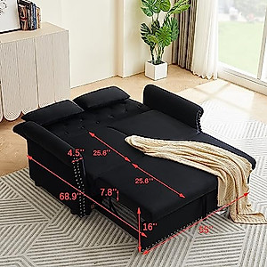 3-in-1 Convertible Futon Loveseat with Pull Out Sleeper Couch Bed and Nailhead Decor, Button Tufted Reclining Backrest Love Seat Sofabed W/ 2 Pillows for Home Apartment Office Loft RV Living Room
