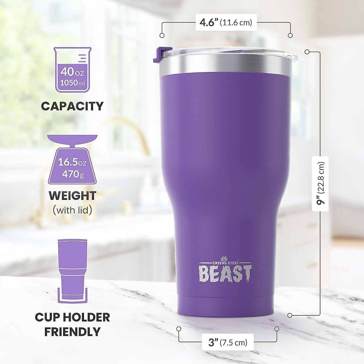 Beast 40 oz Tumbler Stainless Steel Vacuum Insulated Coffee Ice Cup Double Wall Travel Flask (Purple)