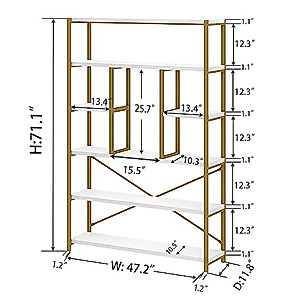 LVB Gold Book Shelf Organizer, Large Tall 6 Tier Bookshelves Storage, Big Modern Metal Wooden 6 Shelf Bookcase, Farmhouse Open Display Vertical Bookshelf for Bedroom Living Room Office, White and Gold