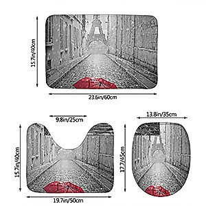 WONDERTIFY Red Umbrella Eiffel Tower Bathroom Antiskid Pad Paris France Rainy Street 3 Pieces Bathroom Rugs Set, Bath Mat+Contour+Toilet Lid Cover Black White