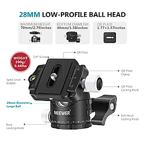 NEEWER Professional 28mm Low Profile Tripod Ball Head with 360° Rotation and 2 Locking Buttons, Arca Type 1/4" QR Plate and Spirit Level for Tripod/Camera, Max Load: 5 kg