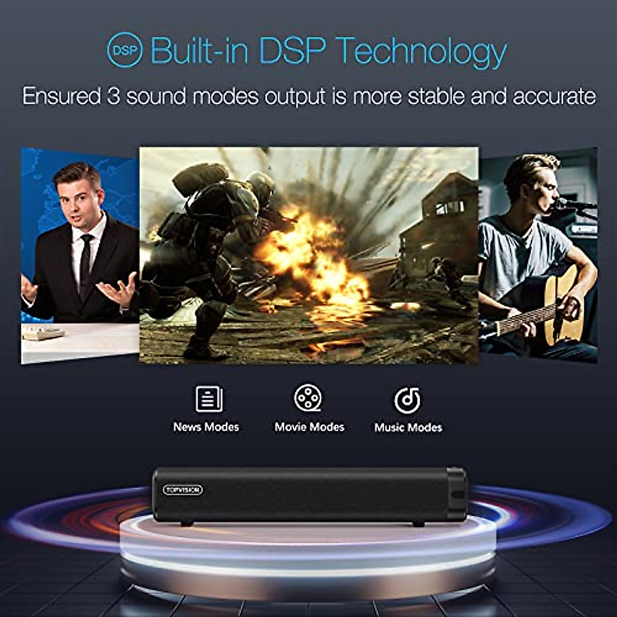TOPVISION 50W Sound Bar, 16-Inch Small Sound Bars for TV, 3 Equalizer Modes, Wireless Bluetooth 5.0, Optical/Aux/USB Connection, Mini Soundbar with Built-in DSP for TV, PC, Projectors, Tablets