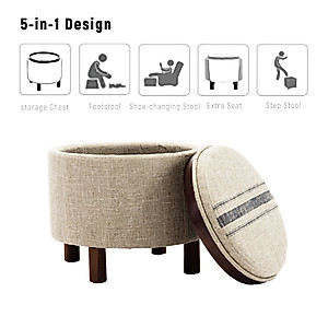 chairus Round Storage Ottoman with Tray, Small Footrest with Blue Striped Lid & Wood Legs, Beige