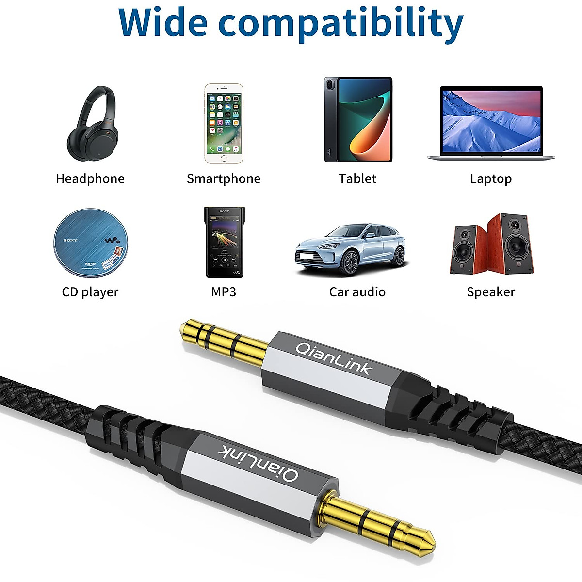 2 Pack AUX Cable,Auxiliary Cable（10ft/3m, Hi-Fi Sound）3.5mm TRS Auxiliary Audio Cable Nylon Braided Aux Cord Compatible with Car,Home Stereos,Speaker,iPod iPad,Headphones,Sony,Echo Dot,Beats (Grey)