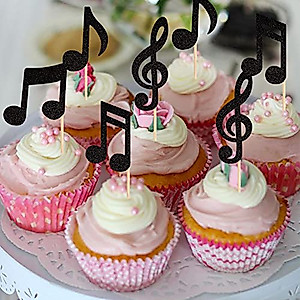 24 PCS Music Notes Cupcake Toppers Black Glitter Musical Symbol Cupcake Picks for Rock Music Concert Theme Baby Shower Wedding Birthday Party Cake Decorations Supplies