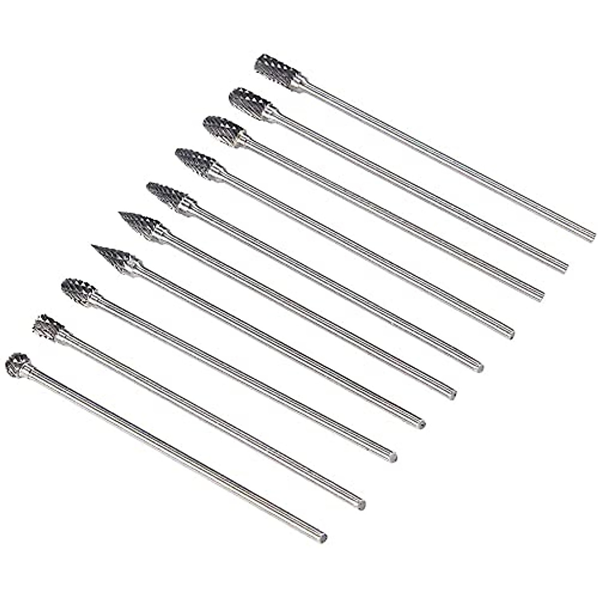 Yakamoz 10Pcs 3mm (1/8") Shank Long Double Cut Tungsten Carbide Burrs Rotary Files Diamond Burs Bit Set for Die Grinder Rotary Tool, 4-Inch Length