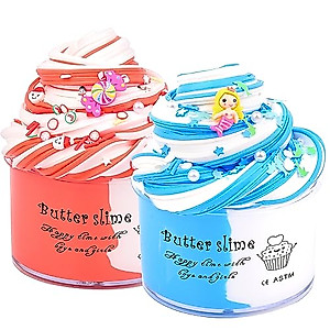 2 Pack Butter Slime Kit with Ocean Mermaid and Candy Charms, Cute Preppy and Aesthetic Stuff, Stress Relief Toys and Cool Birthday Gifts Ideas for Girls and Boys, Scented Party Favors for Kids