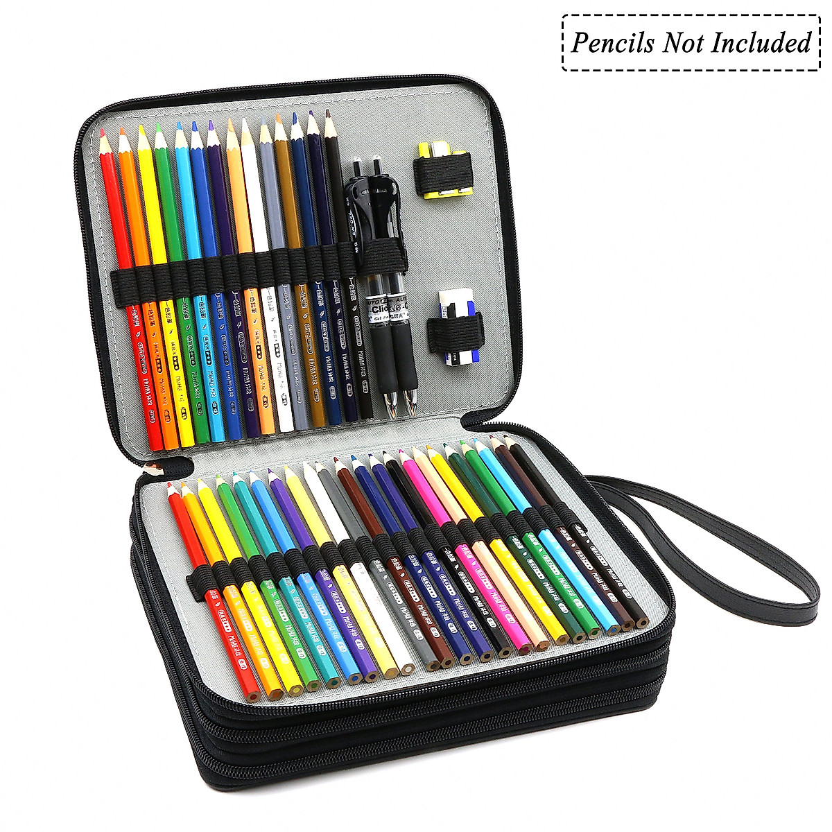 YOUSHARES 120 Slots Pencil Case - PU Leather Handy Multi-layer Large Zipper Pen Bag with Handle Strap for Prismacolor Watercolor Pencils, Crayola Colored Pencils, Marco Pens and Makeup Brush (Black)