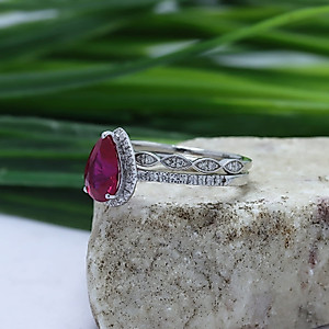 GEMVIO Collection 9X6MM Pear Cut Lab Created Ruby Gemstone & Natural Diamond Bridal Set Teardrop Engagement Ring In 14K White Gold Over Sterling Silver Anniversary Wedding Ring(1.40 Cttw)-5