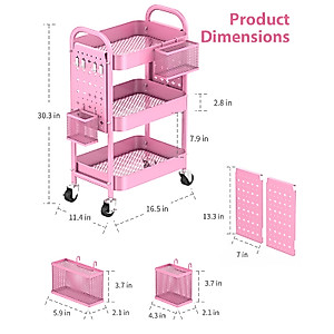 ALVOROG 3-Tier Rolling Utility Cart Movable Storage Organizer Shelves with Wheels and Hanging Cups Multifunctional Service Cart for Kitchen, Office, Coffee Bar-Black
