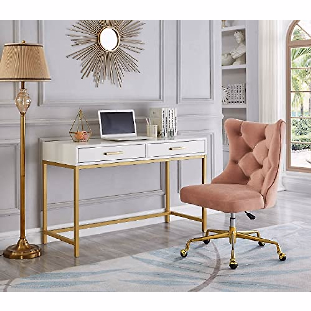 24KF Modern Century Home Office Desk with Lacquer Finish Golden Metal Base,Console Table with 2 Drawers - 80612-White