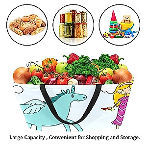 KQNZT Reusable Grocery Bags, Large Foldable Reusable Shopping Tote Bags Bulk for Groceries, Waterproof Kitchen Cloth Produce Bags with Long Handles, Unicorn Cartoon Girl
